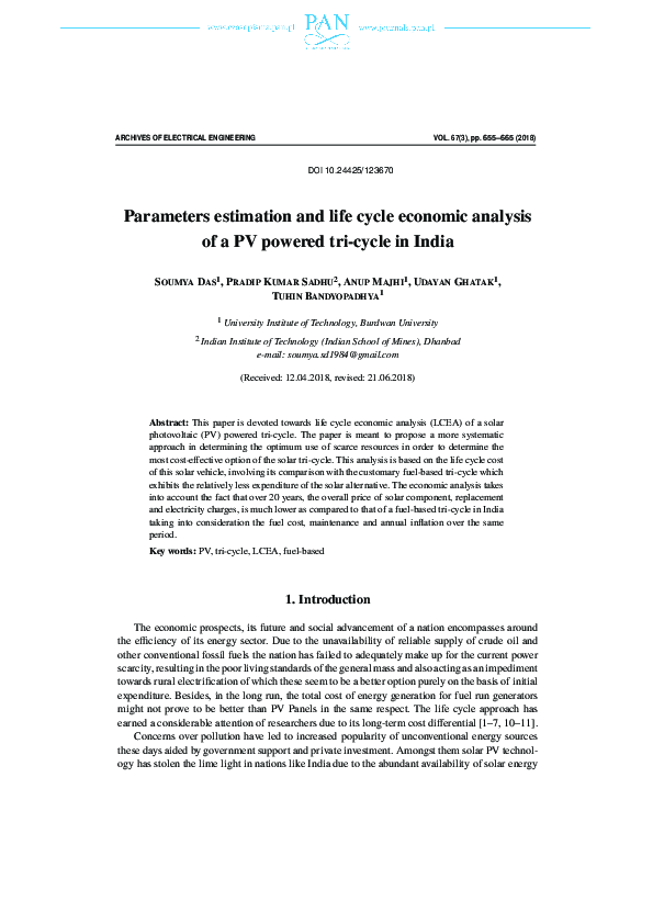 (PDF) Parameters estimation and life cycle economic analysis of a PV powered tri-cycle in India