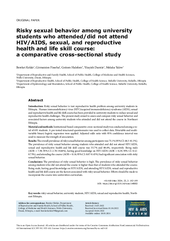 (PDF) Risky sexual behavior among university students who attended/did not attend HIV/AIDS ...