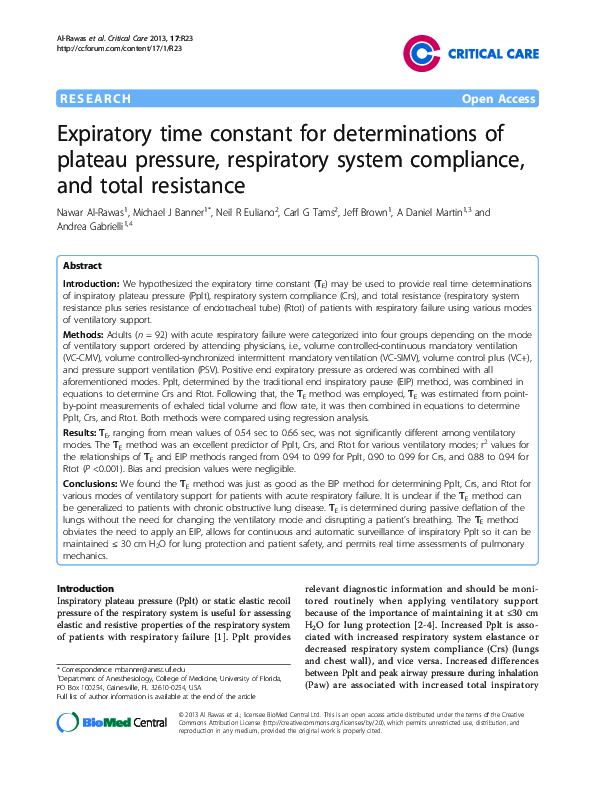 (PDF) Expiratory time constant for determinations of plateau pressure ...