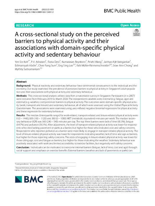 (PDF) A cross-sectional study on the perceived barriers to physical activity and their ...