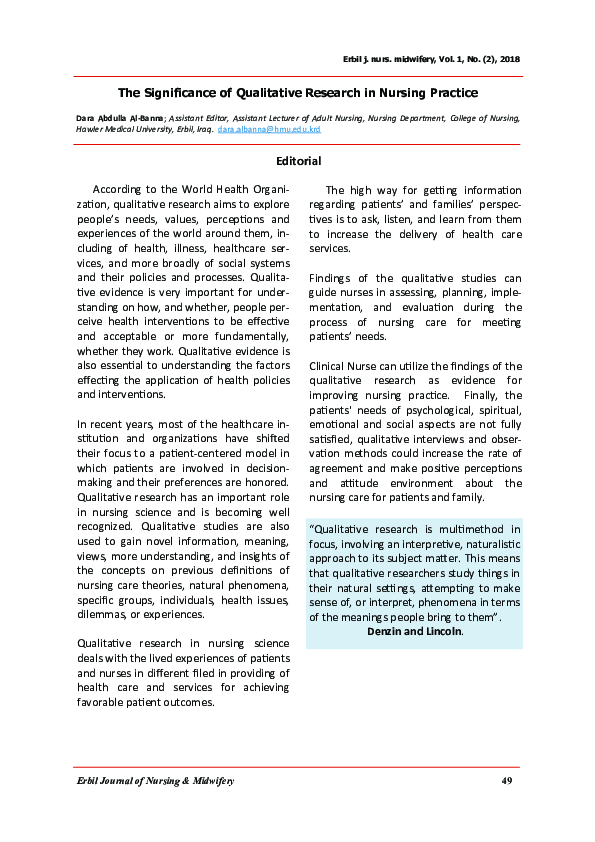 (PDF) The Significance of Qualitative Research in Nursing Practice