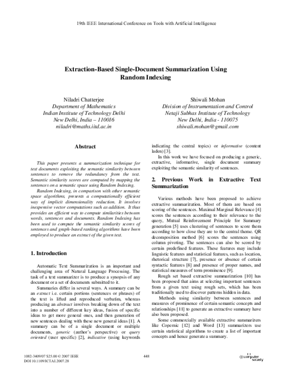 (PDF) Extraction-Based Single-Document Summarization Using Random Indexing