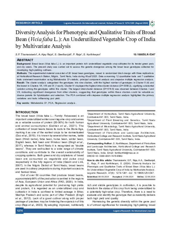 (PDF) Diversity Analysis for Phenotypic and Qualitative Traits of Broad Bean (Vicia faba L.): An ...