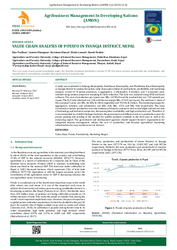 (PDF) Value Chain Analysis of Potato in Syangja District, Nepal