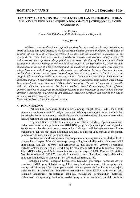 (PDF) Lama Pemakaian Kontrasepsi Suntik 3 Bulan Terhadap Kejadian Melasma DI Desa Karangjeruk ...