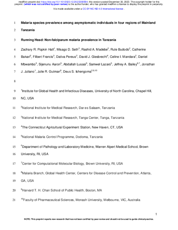 (PDF) Malaria species prevalence among asymptomatic individuals in four ...