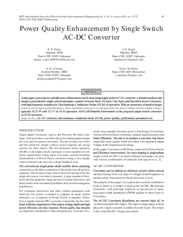 (PDF) Power Quality Enhancement by Single Switch AC-DC Converter