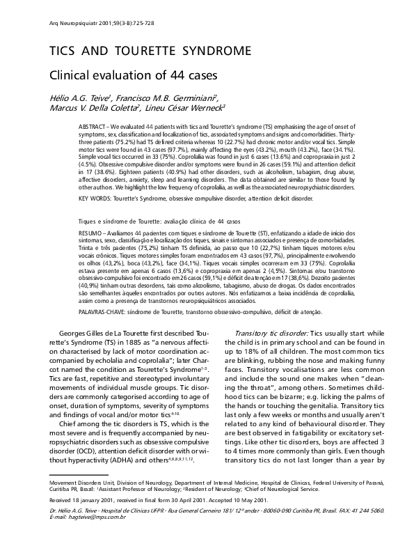 (PDF) Tics and Tourette syndrome: clinical evaluation of 44 cases ...