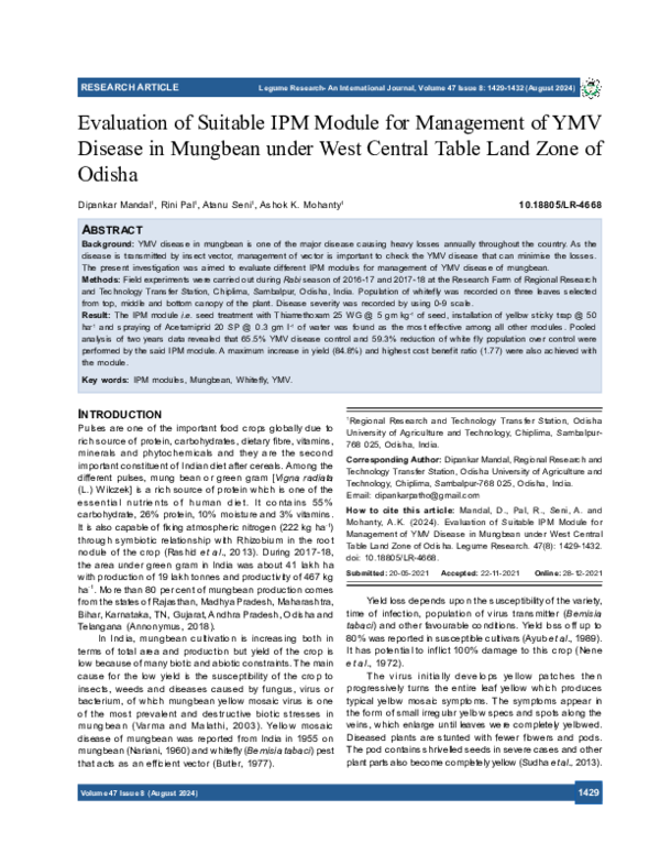 (PDF) Evaluation of Suitable IPM Module for Management of YMV Disease in Mungbean under West ...