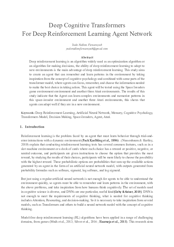 (PDF) Deep Cognitive Transformers For Deep Reinforcement Learning Agent Network