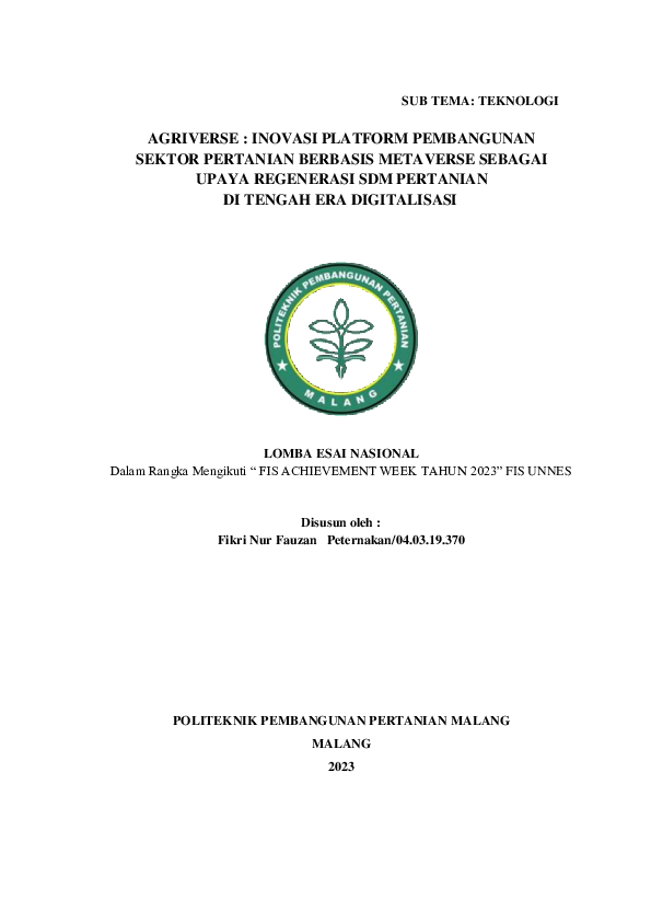 (PDF) SUB TEMA: TEKNOLOGI AGRIVERSE : INOVASI PLATFORM PEMBANGUNAN ...