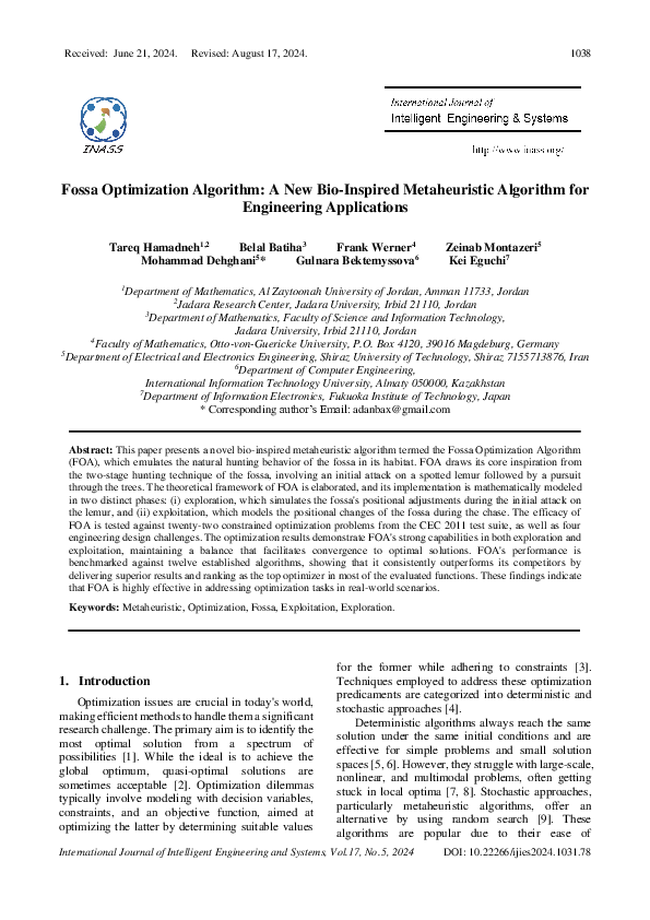 (PDF) Fossa Optimization Algorithm: A New Bio-Inspired Metaheuristic Algorithm for Engineering ...