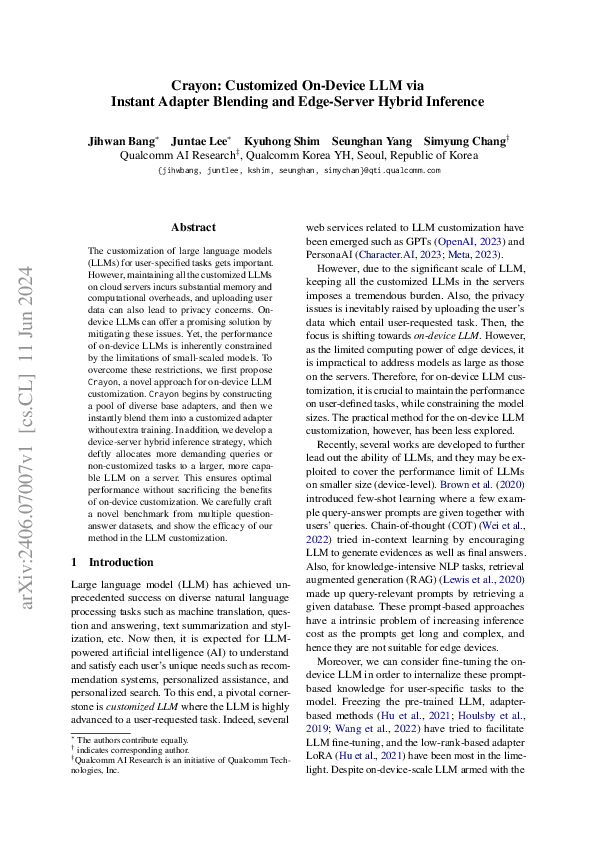 Pdf Crayon Customized On Device Llm Via Instant Adapter Blending And Edge Server Hybrid Inference