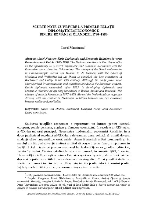(PDF) Scurte Note Cu Privire La Primele Relații Diplomatice Și ...