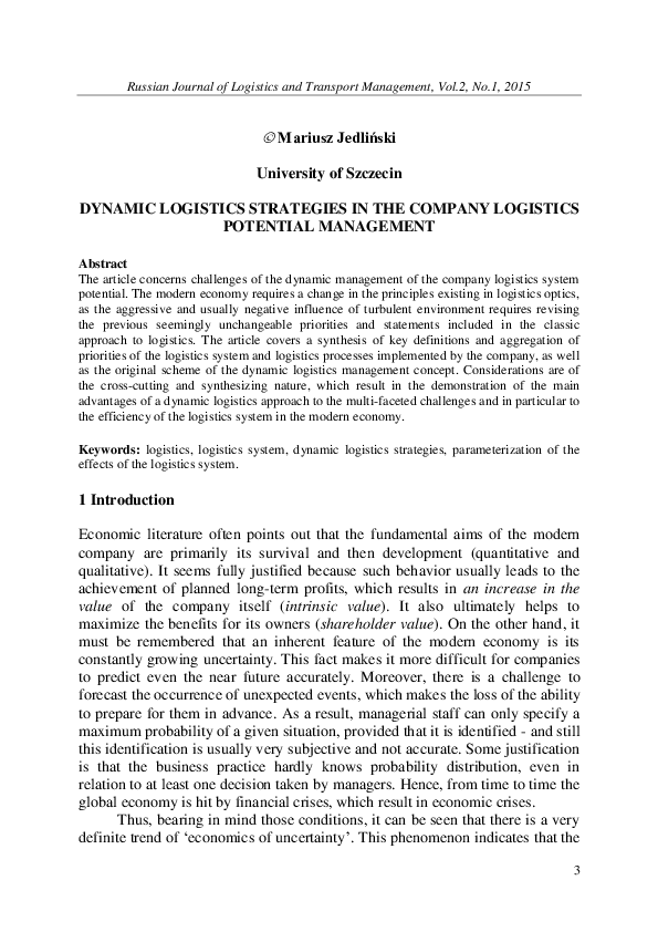 (PDF) Dynamic Logistics Strategies in the Company Logistics Potential ...
