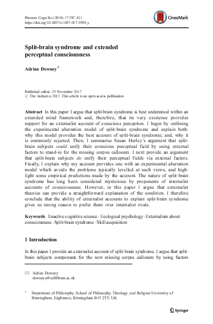 (PDF) Split-brain syndrome and extended perceptual consciousness
