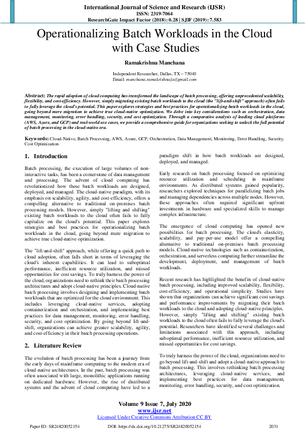 (PDF) Operationalizing Batch Workloads in the Cloud with Case studies