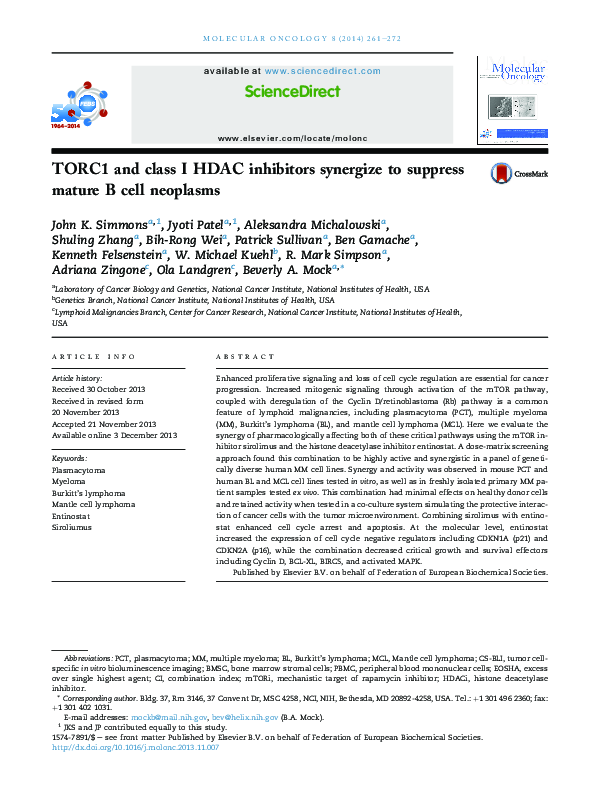 (PDF) TORC1 and class I HDAC inhibitors synergize to suppress mature B ...