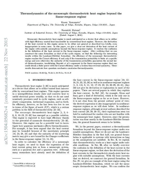 (PDF) Thermodynamics of the mesoscopic thermoelectric heat engine beyond the linear-response regime