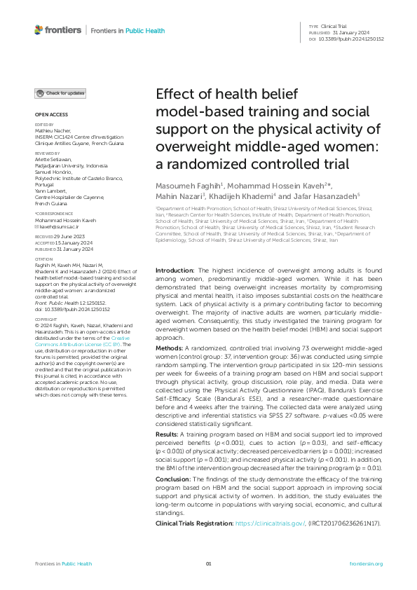 Pdf Effect Of Health Belief Model Based Training And Social Support On The Physical Activity