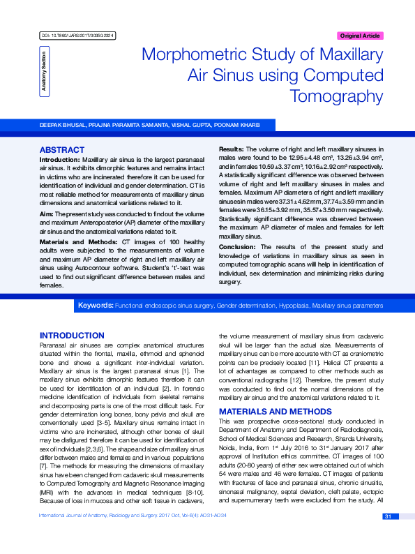 (PDF) Morphometric Study of Maxillary Air Sinus using Computed Tomography