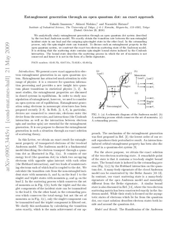 (PDF) Entanglement generation through an open quantum dot: Exact two-electron scattering state ...