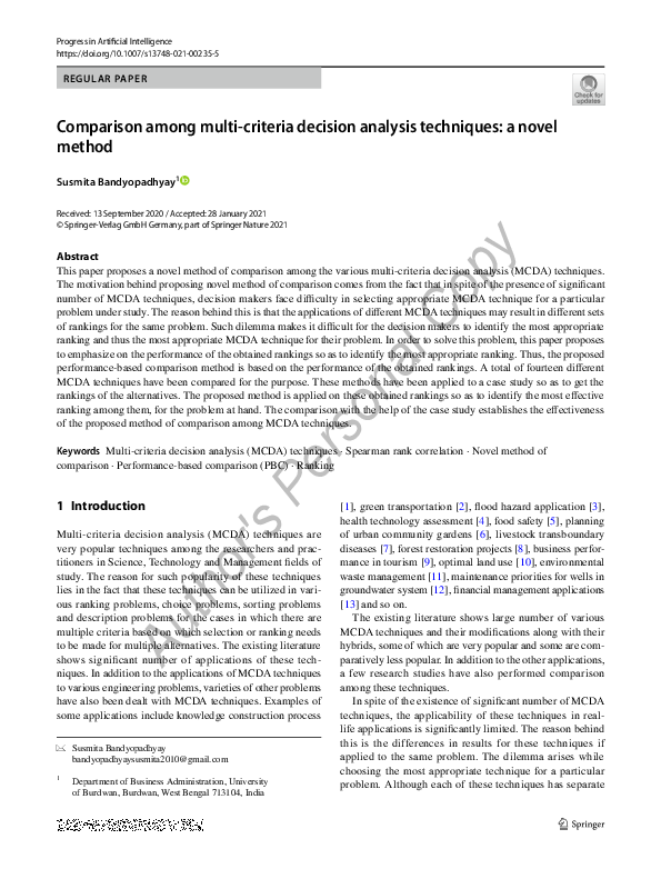 (PDF) Comparison among multi-criteria decision analysis techniques: a ...