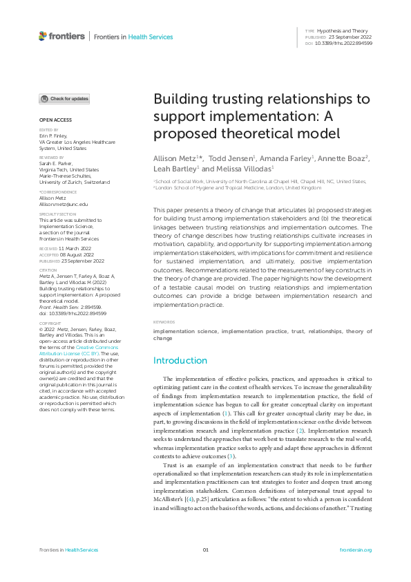 (PDF) Building trusting relationships to support implementation: A proposed theoretical model