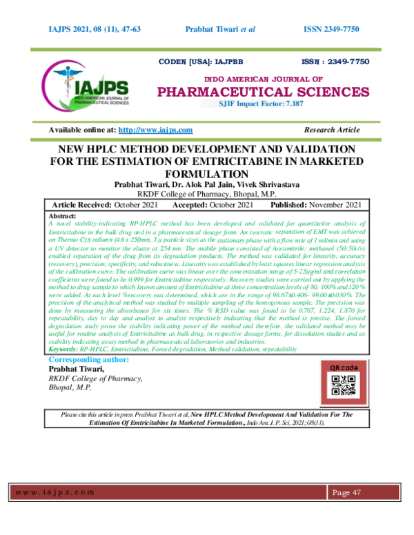 (PDF) New HPLC Method Development and Validation for the Estimation of Emtricitabine in Marketed ...