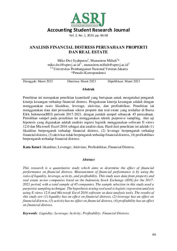 (PDF) Analisis Financial Distress Perusahaan Properti dan Real Estate