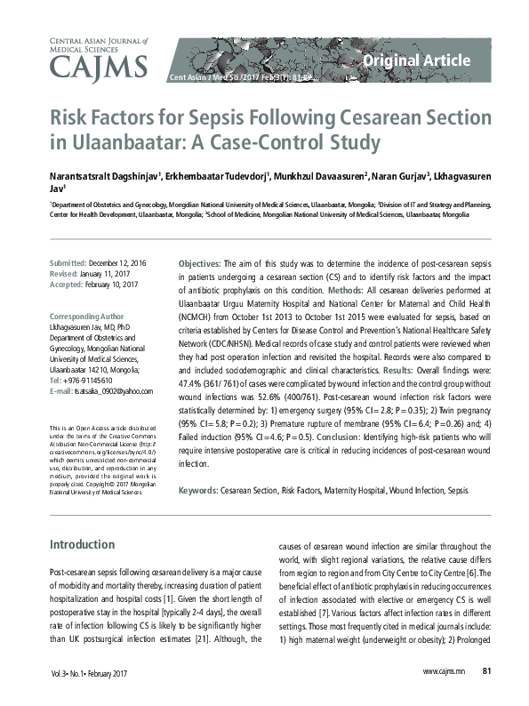 (PDF) Risk Factors for Sepsis Following Cesarean Section in Ulaanbaatar ...