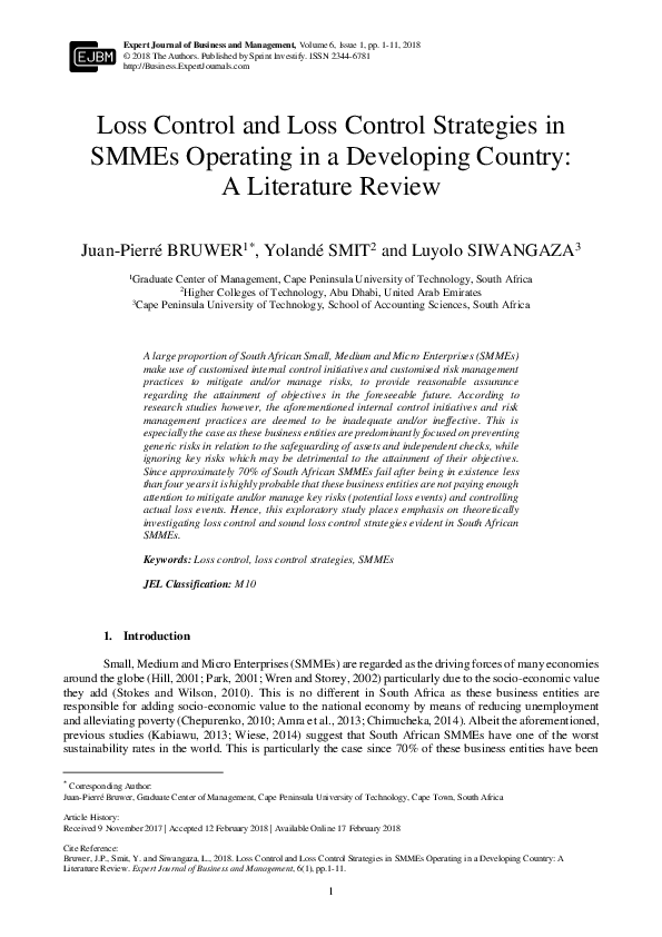 (PDF) Loss Control and Loss Control Strategies in SMMEs Operating in a ...