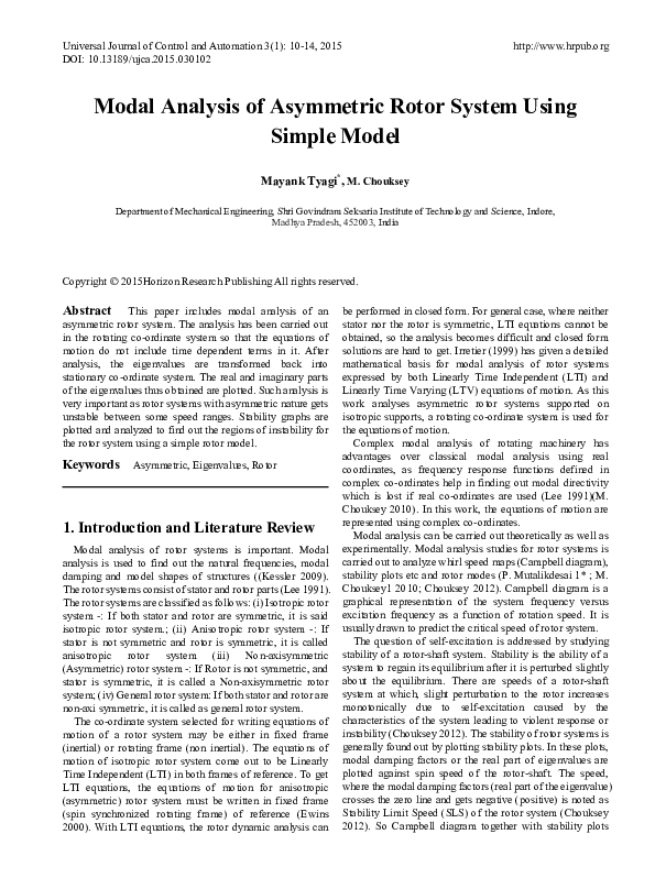 (PDF) Modal Analysis of Asymmetric Rotor System Using Simple Model