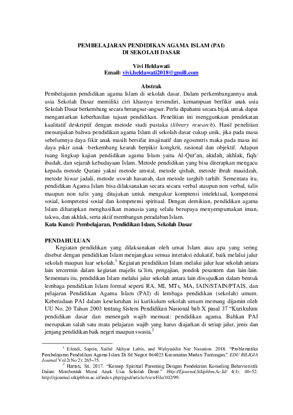 (PDF) Pembelajaran Pendidikan Agama Islam (PAI) Di Sekolah Dasar