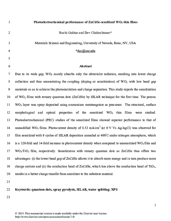 (PDF) Photoelectrochemical performance of ZnCdSe-sensitized WO3 thin films | Ruchi Gakhar ...