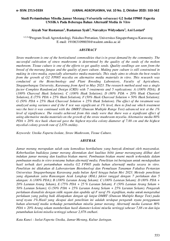 (PDF) Studi Pertumbuhan Miselia Jamur Merang (Volvariella volvaceae) G2 ...
