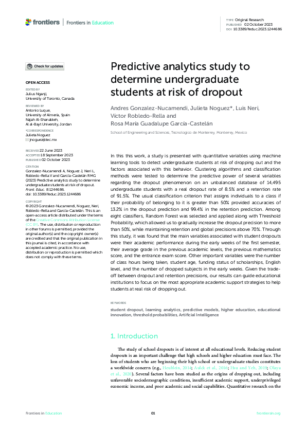 (PDF) Predictive analytics study to determine undergraduate students at risk of dropout