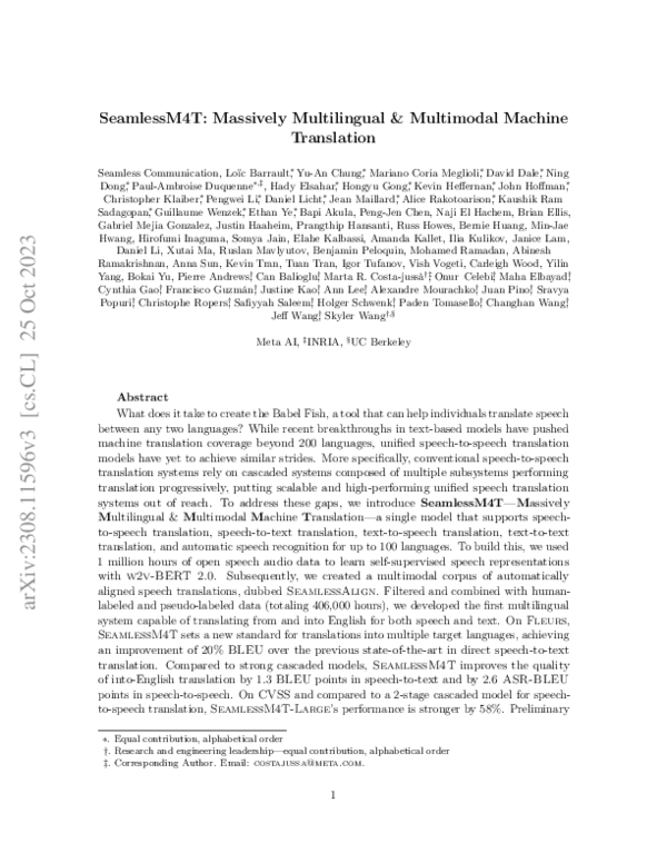 (PDF) SeamlessM4T: Massively Multilingual & Multimodal Machine Translation