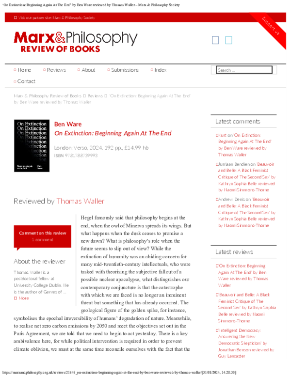 (PDF) On Extinction: Beginning Again At The End by Ben Ware (review)