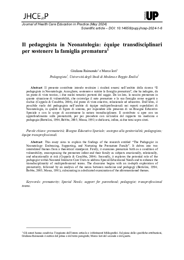 (PDF) The pedagogist in Neonatology: transdisciplinary teams to support the premature family