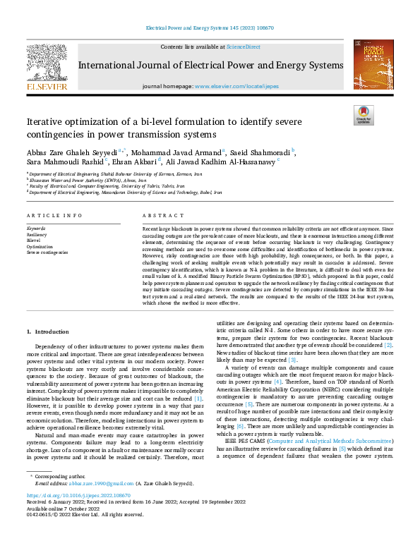 (PDF) Iterative optimization of a bi-level formulation to identify severe contingencies in power ...