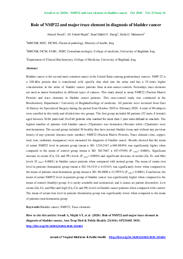 (PDF) Role of NMP22 and major trace element in diagnosis of bladder cancer