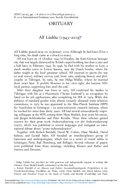 (PDF) Alf Lüdtke (1943–2019)