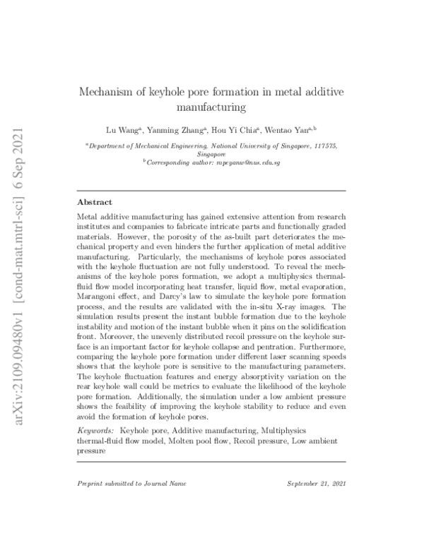 (PDF) Mechanism of keyhole pore formation in metal additive manufacturing