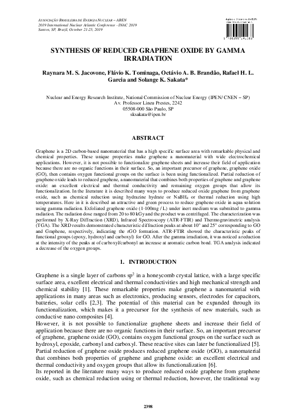 (PDF) Synthesis of reduced graphene oxide by gamma irradiation