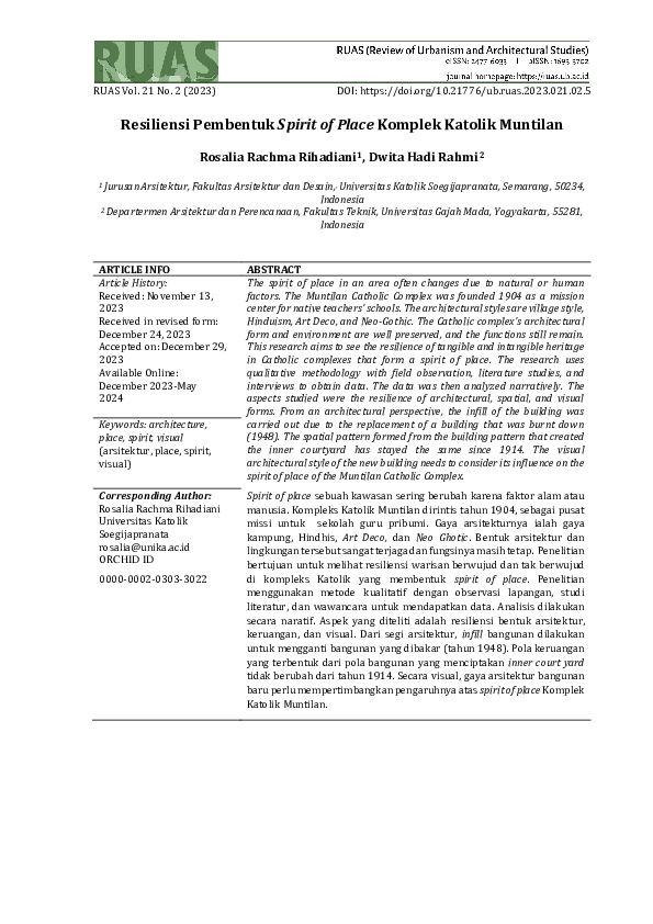 (PDF) Resiliensi Pembentuk Spirit of Place Komplek Katolik Muntilan