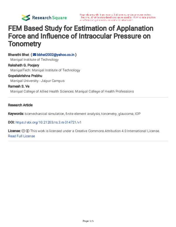 (PDF) FEM Based Study for Estimation of Applanation Force and Influence ...