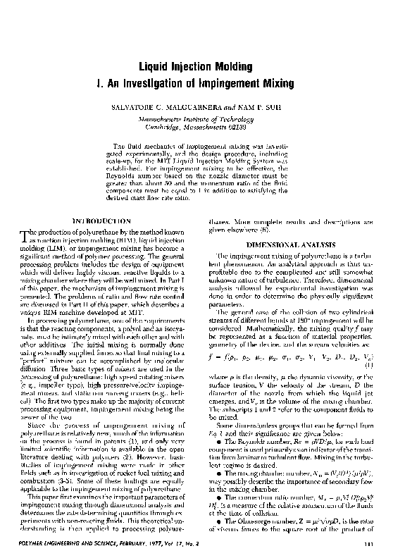 (PDF) Liquid injection molding I. An investigation of impingement mixing