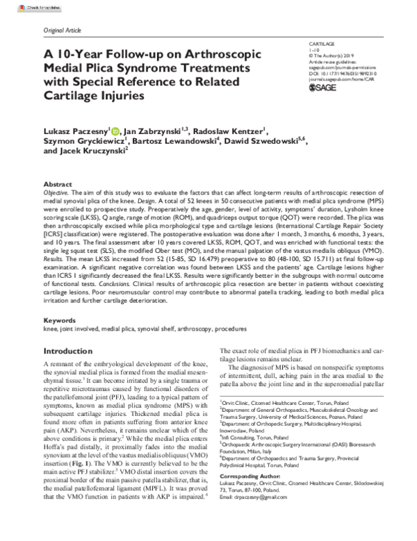 (PDF) A 10-Year Follow-up on Arthroscopic Medial Plica Syndrome ...