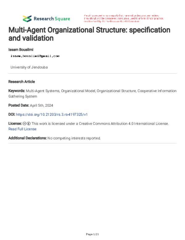 (PDF) Multi-Agent Organizational Structure: specification and validation